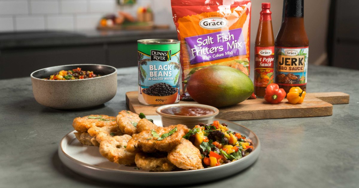 Grace Foods | Mackerel Fritters, with Black Bean & Mango Salsa